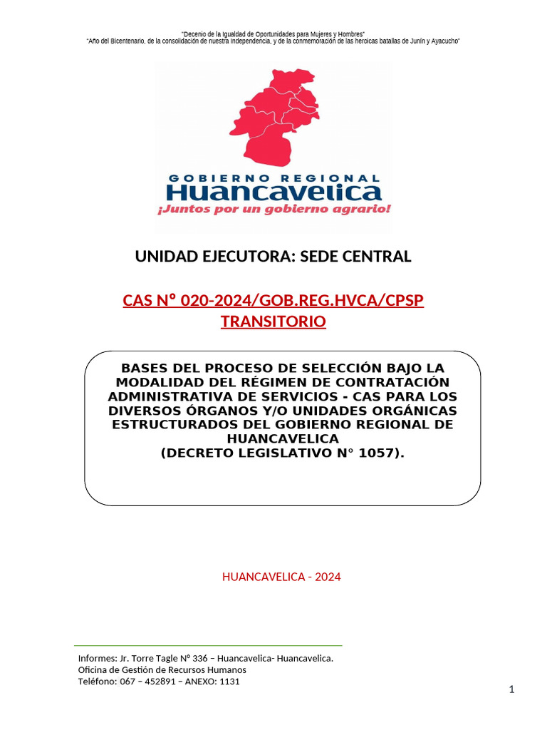 Convocatoria CAS 2024 Huancavelica: Ingeniero y Asesor Legal | PDF ...