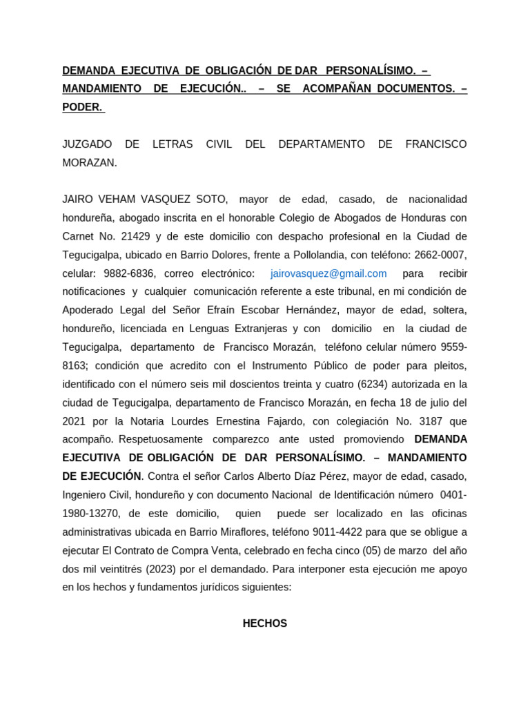DEMANDA EJECUTIVA DE OBLIGACIÓN DE HACER PERSONALÍSIMO | PDF | Ley procesal | Demanda judicial