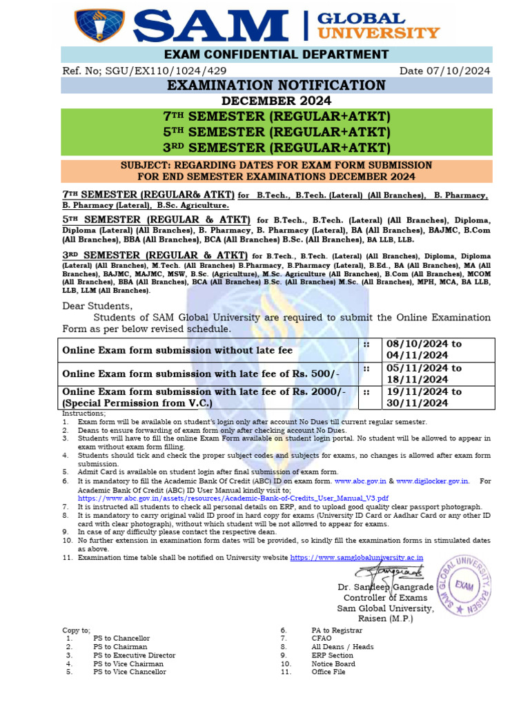 Circular For Sgu Exam Form 7TH 5TH 3RD Sem December 2024 | PDF ...