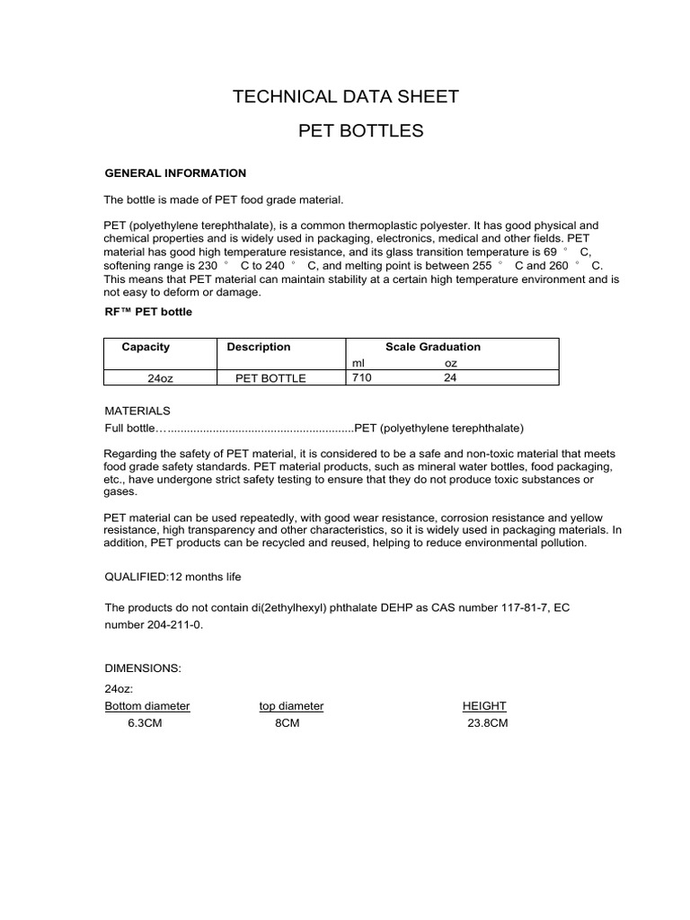 Technical Data Sheet 24oz Pet Bottle | PDF | Materials | Secondary ...