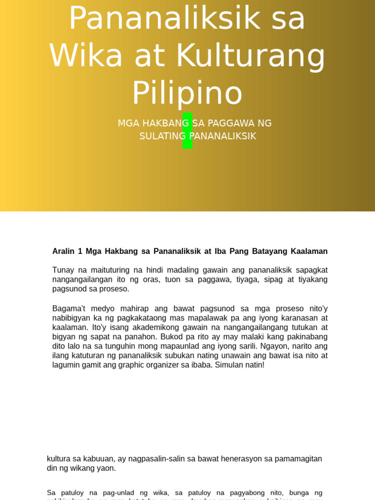 Pananaliksik Sa Wika at Kulturang Pilipino Mga Hakbang Sa Pagbuo NG Sulating Pananaliksik | PDF