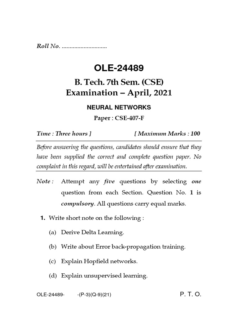 2021 B.tech 7TH Semester (Cse) Neural Networks | PDF