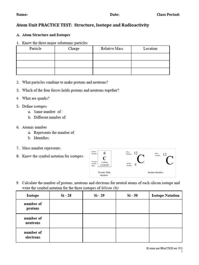 2b. H - Atom unit PRACTICE test F23 | PDF | Radioactive Decay | Atoms