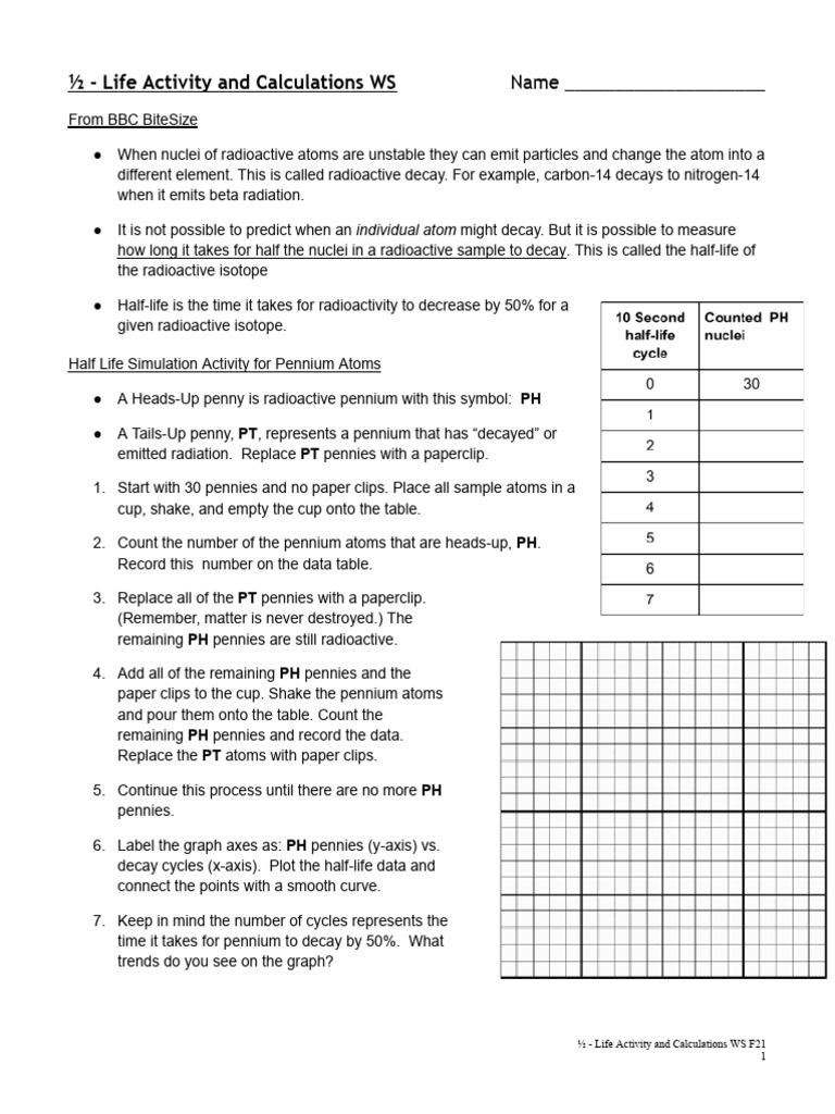 5d. ½ - Life Activity and Calculations WS F21 | PDF | Radioactive Decay ...