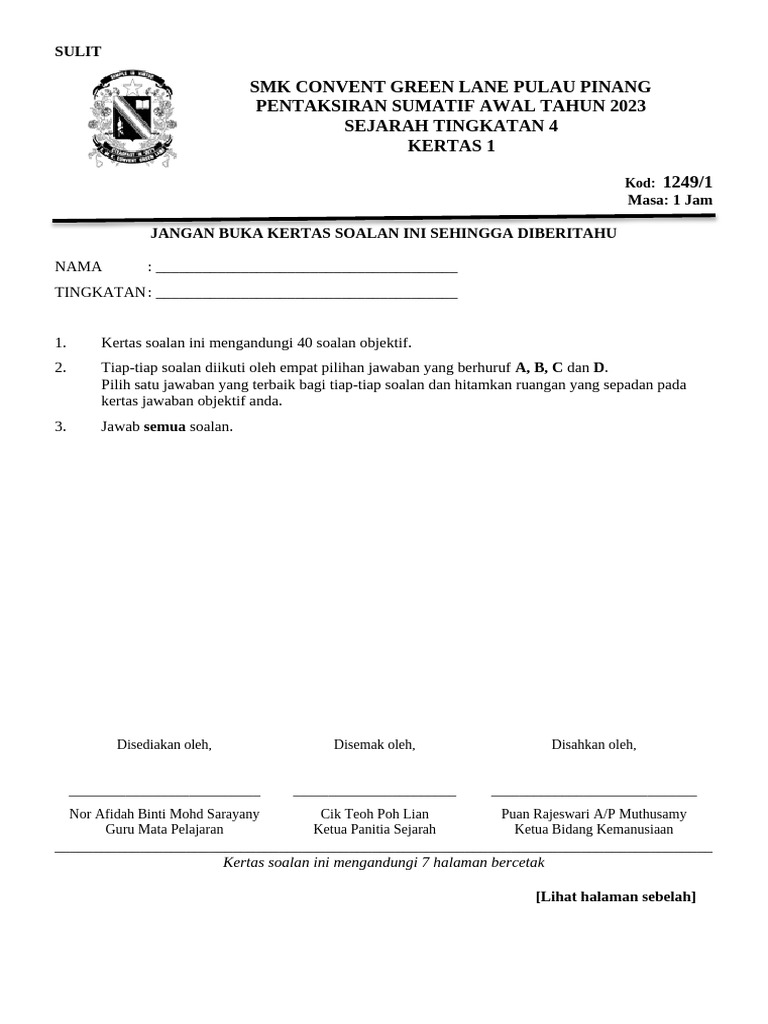 Cover & Soalan PSA K1 T4 202324 | PDF