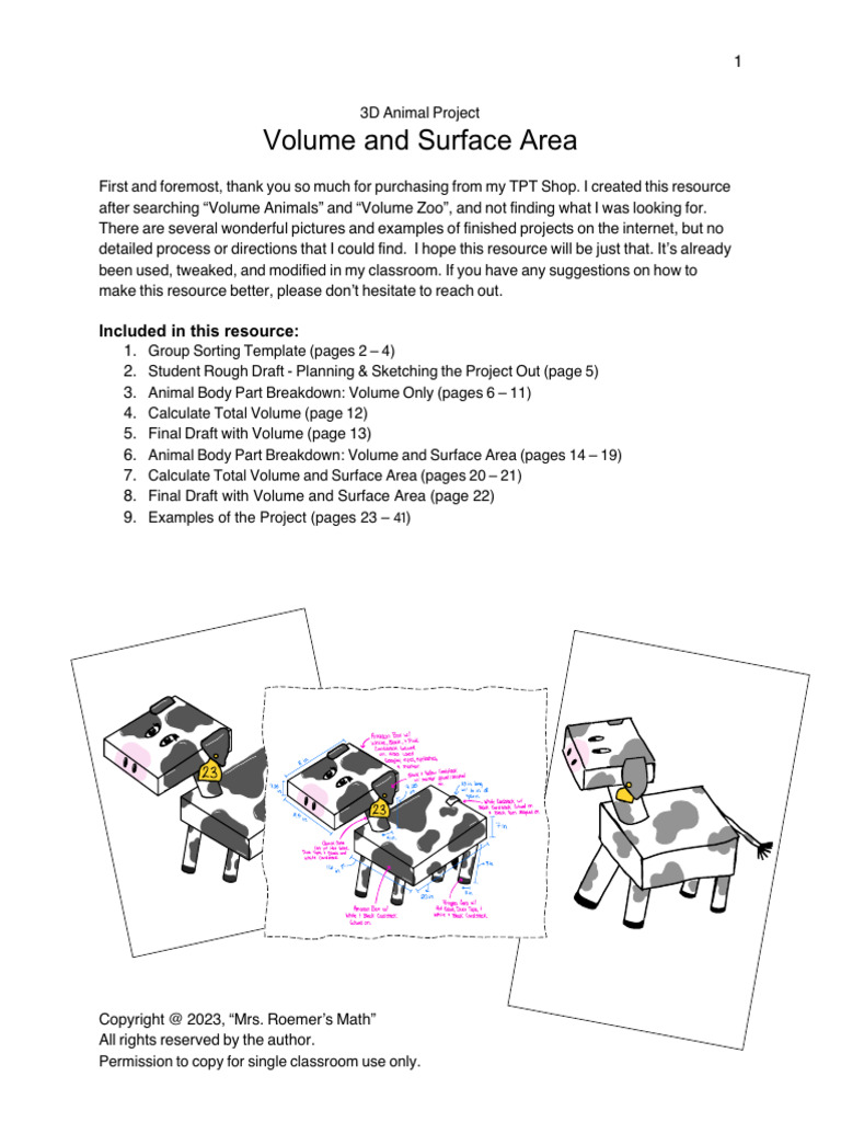 3D Animal Project (Volume & Surface Area) | PDF | Area | Volume