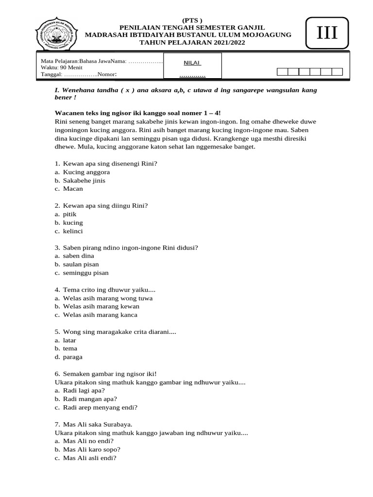 PTS B.jawa KELAS 3 | PDF