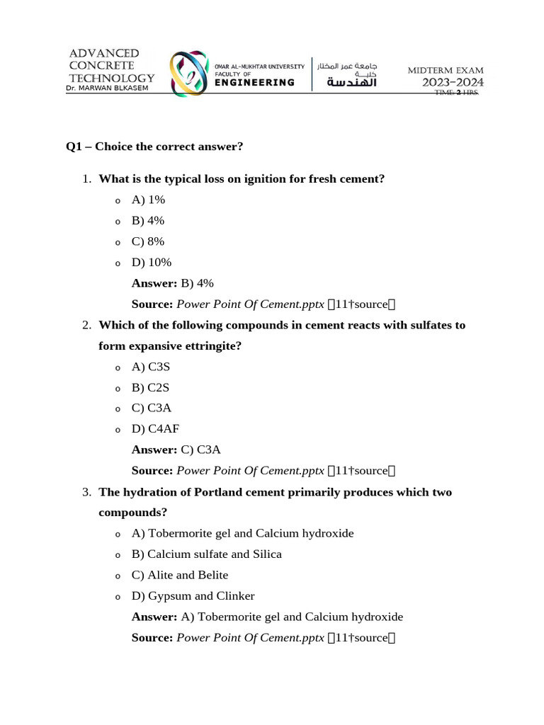 Midterm Exam | PDF | Concrete | Cement