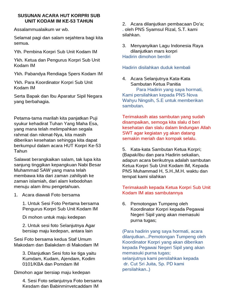 Susunan Acara Hut Korpri Sub Unit Kodam Im Ke | PDF