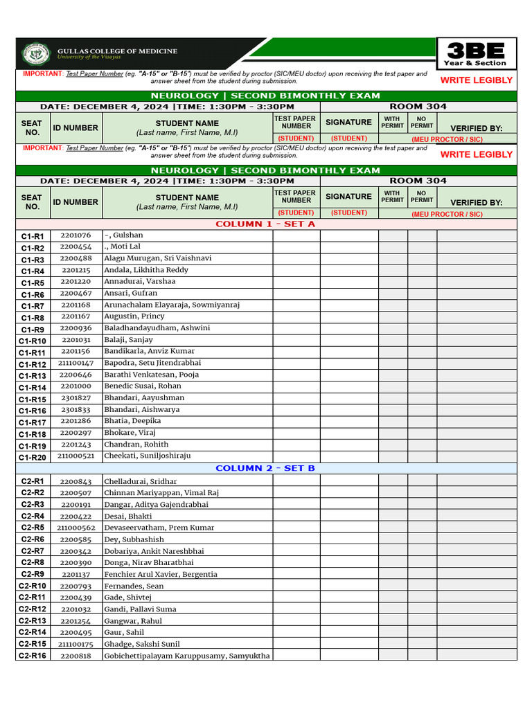 3BCDE 2ND BIMONTHLY EXAM 12-4-24.xlsx - Masterlist Room 304 | PDF