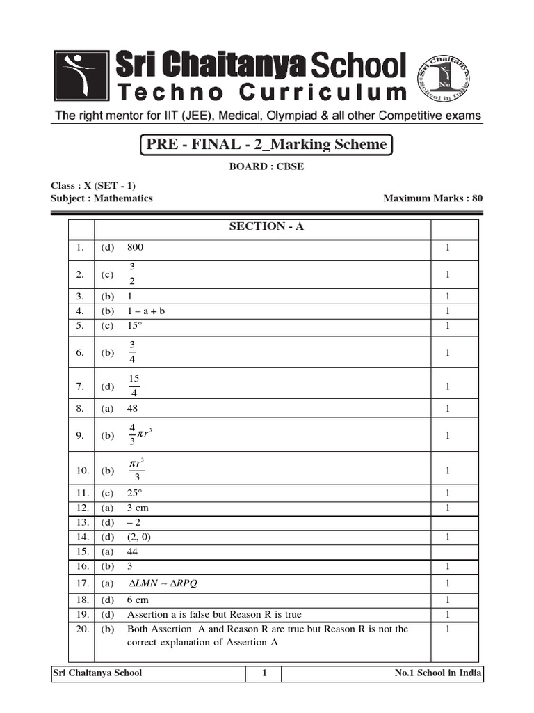 Ka & Tn Cbse Maths Pre Final - II (Set - 1) Marking Scheme | PDF | Rational Number | Zero Of A ...