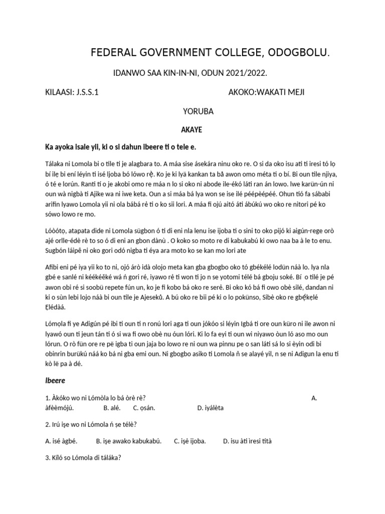 1st Term Question For jss1 | PDF