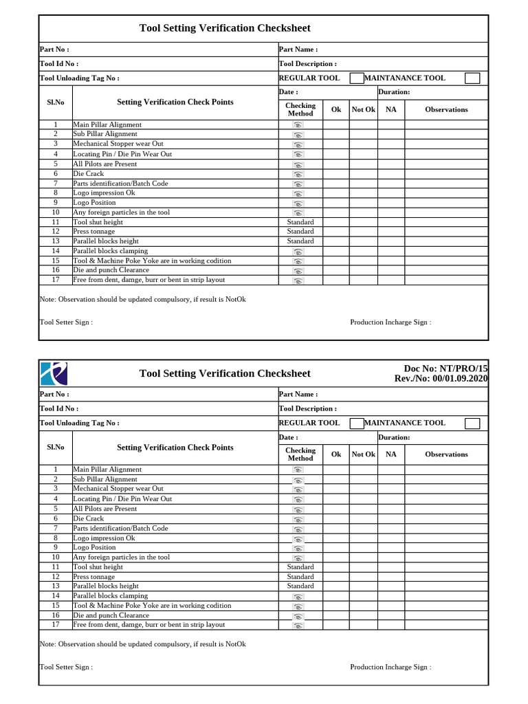 Tool Setting Verification Checksheet | PDF