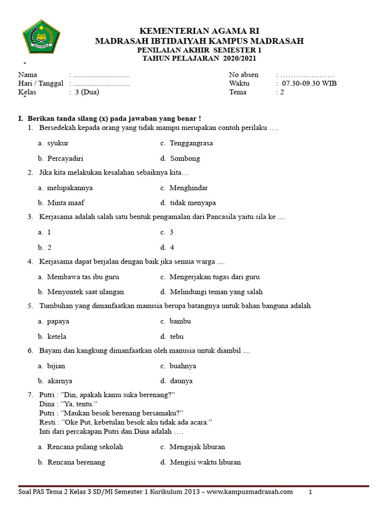 Soal Pas KLS 3 Tema 2 | PDF