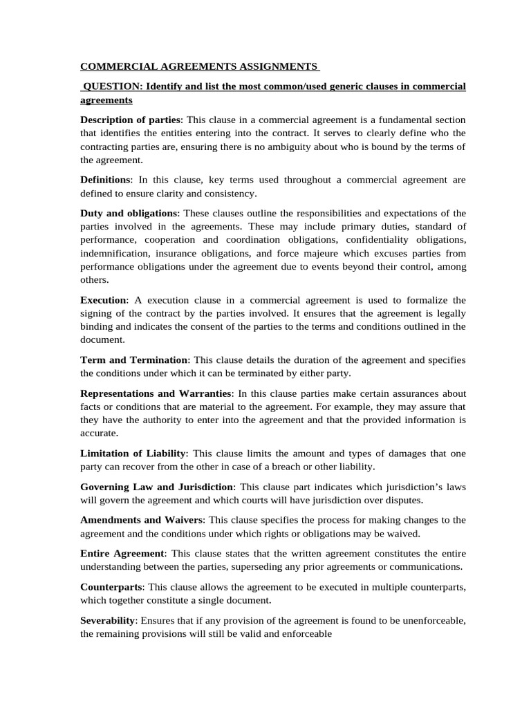 Most Commonly Used Generic Clauses in Commercial Agreements | PDF ...