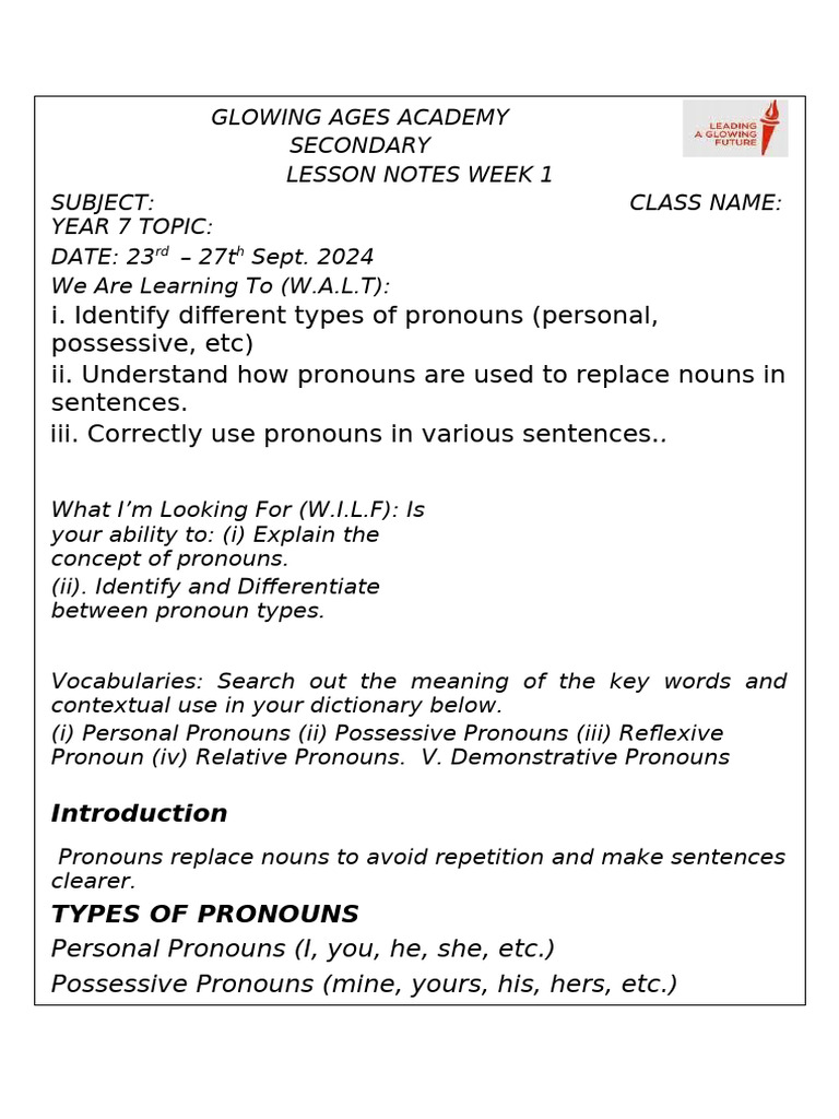 YEAR 7 ENGLISH LESSON NOTES WEEK 1 | PDF