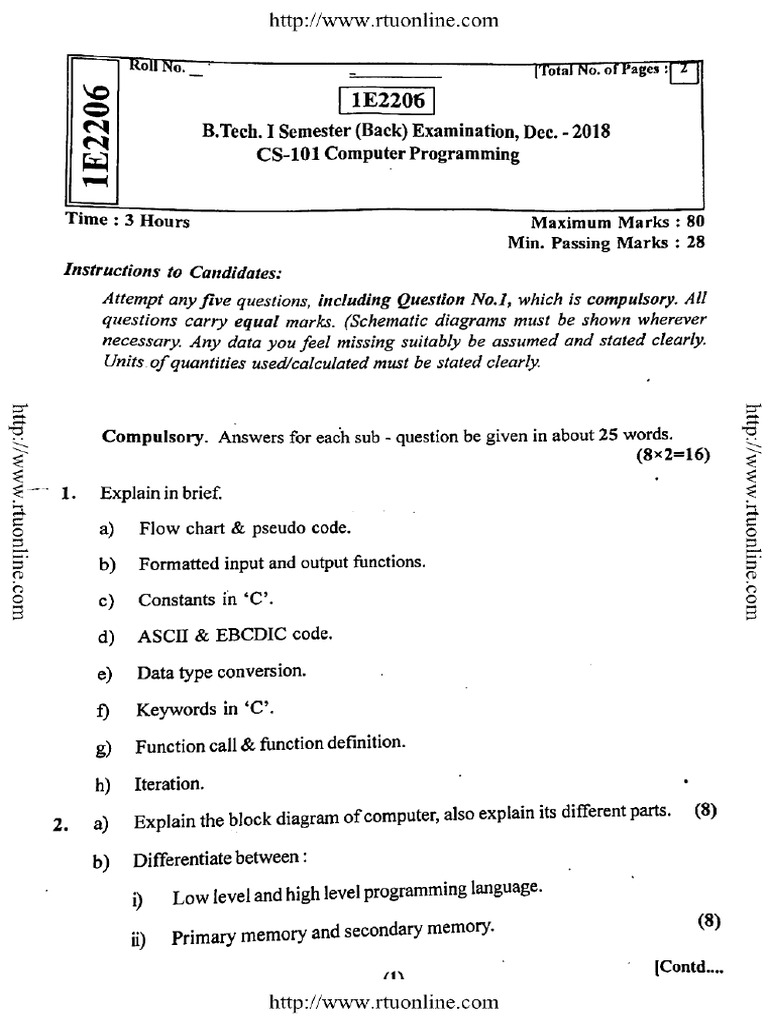 Btech 1 Sem Computer Programming 1e2206 Dec 2018 | PDF