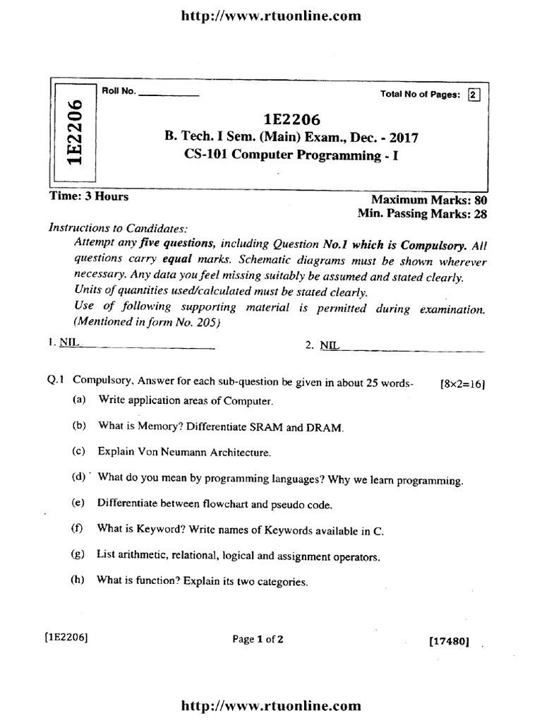 Btech 1 Sem Computer Programming 1 1e2206 Dec 2017 (1) | PDF