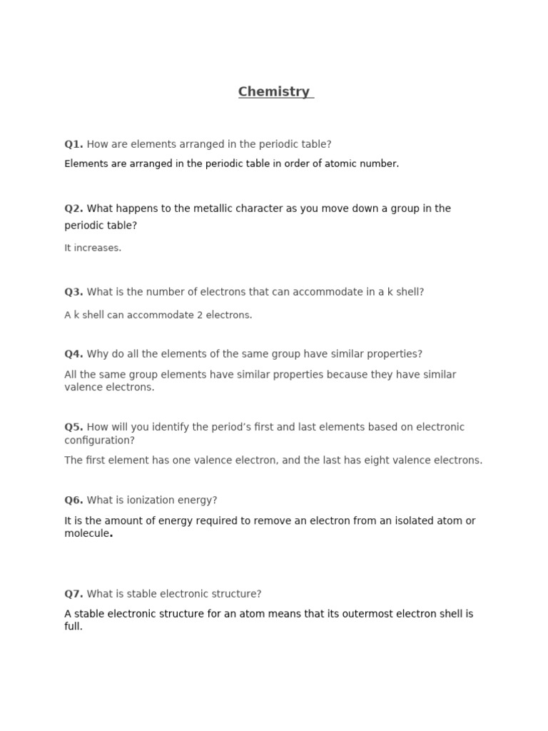 Chemistry Question 1st monthly test's note | PDF