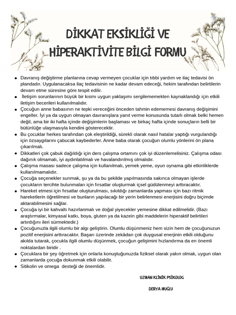 DEHB BİLGİ FORMU VE ÖNERİLER | PDF