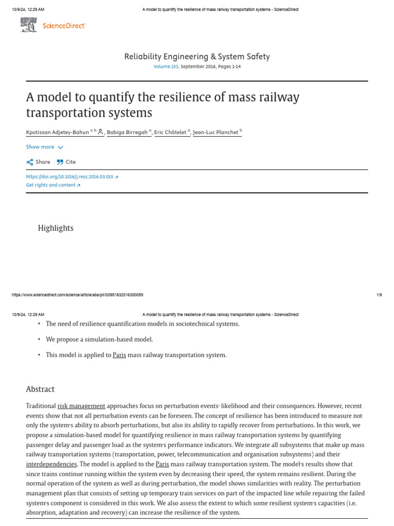 A Model To Quantify The Resilience of Mass Railway Transportation Systems - ScienceDirect | PDF ...