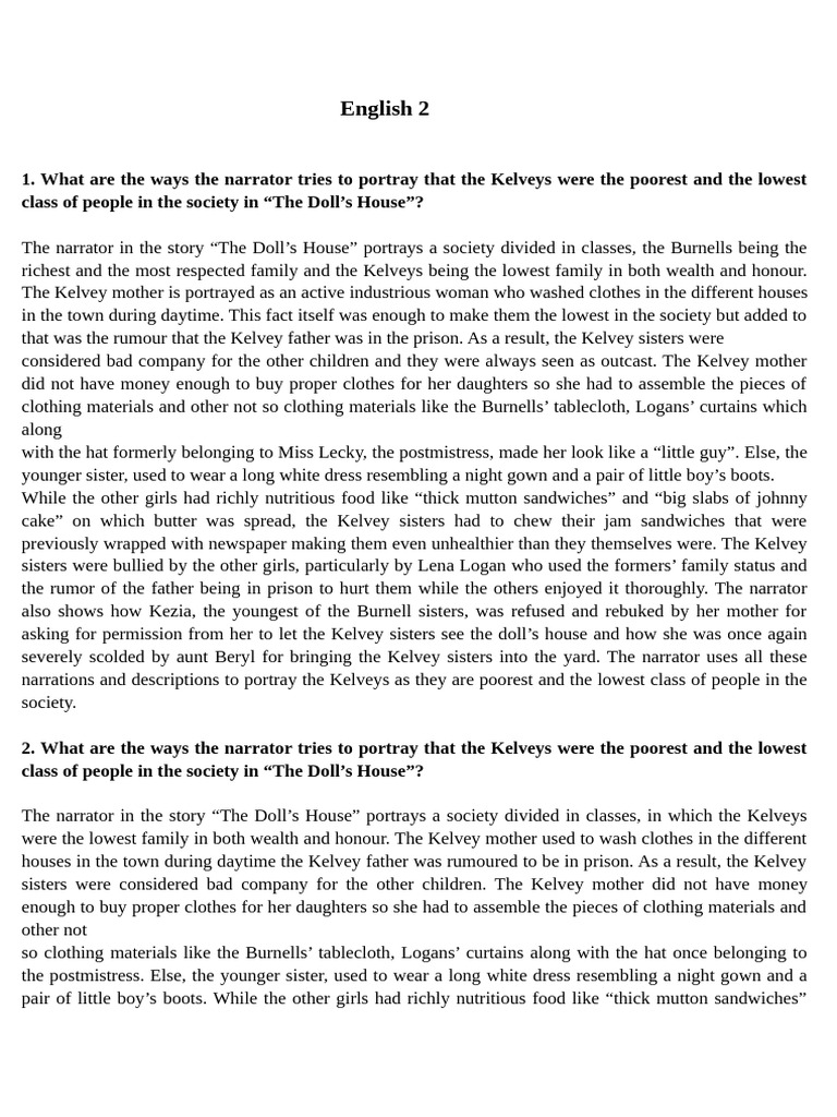 "The Doll's House" LQA. English 2, Class 8 | PDF