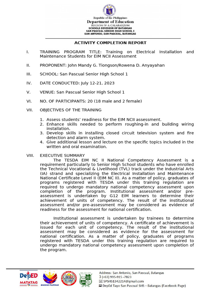 ACTIVITY COMPLETION REPORT | PDF | Electrician | Culinary Arts