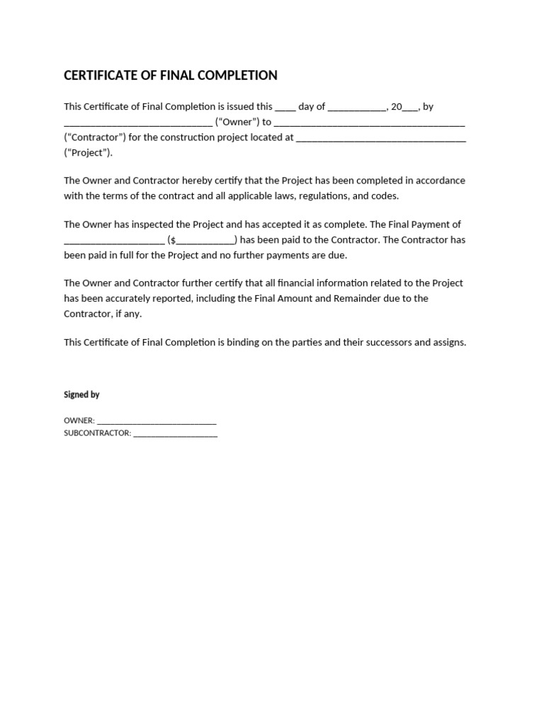 Knowify Template CertificateOfFinalCompletion | PDF