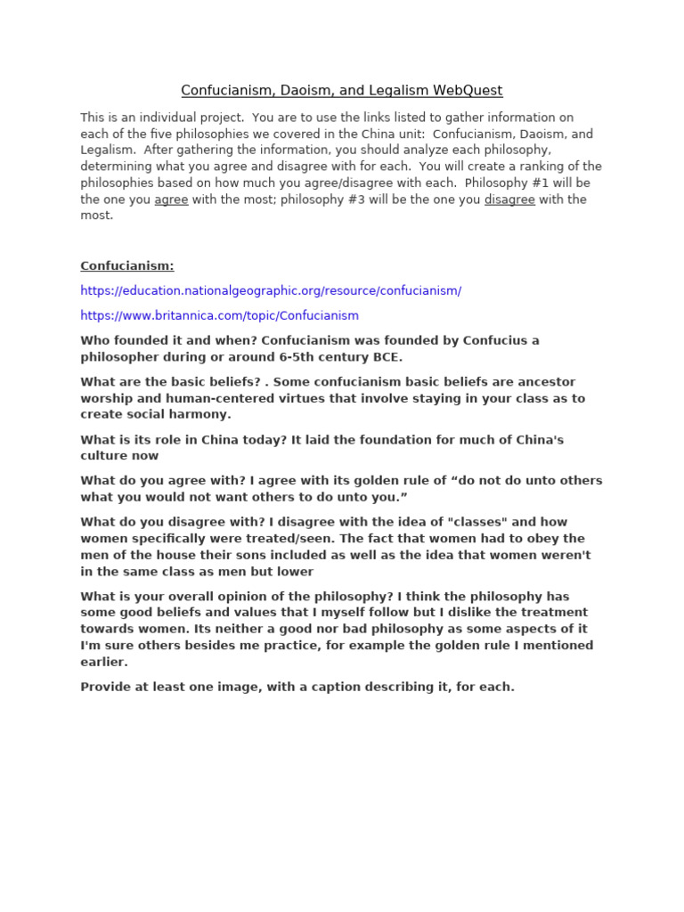 Chinese Philosophies WebQuest (Honors) | PDF | Confucianism | Tao Te Ching