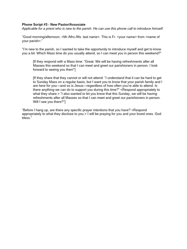 (English) Phone Script - New Pastor Introduction | PDF