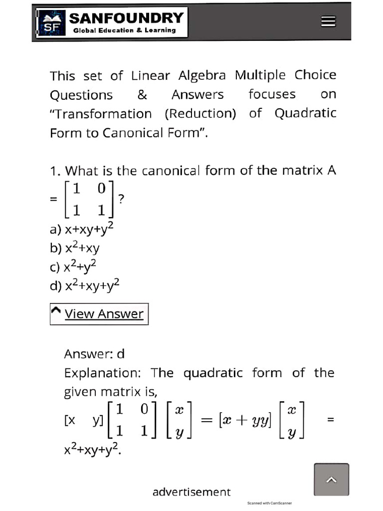 Linear Algebra MCQs-2 | PDF