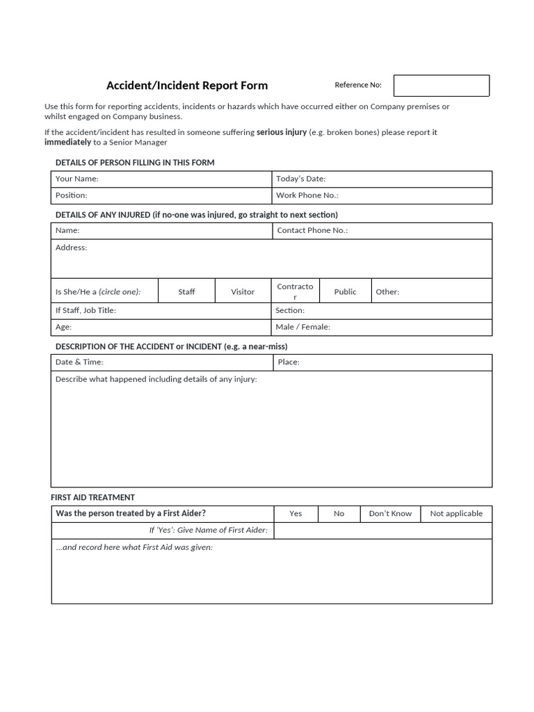 Accident Incident Report Form | PDF | First Aid | Occupational Safety ...