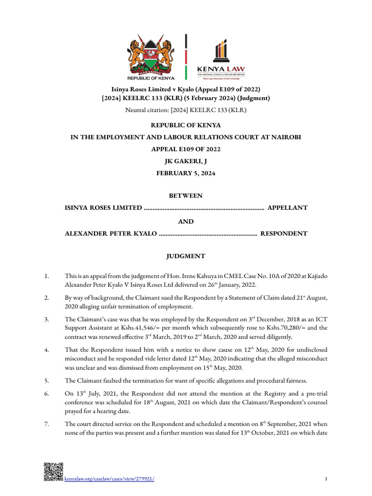 Isinya Roses Limited V Kyalo (Appeal E109of2022) 2024KEELRC133 (KLR ...