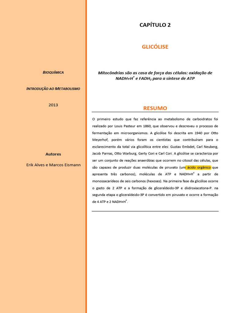 Principais Vias Metab-Licas - Cap-Tulo 2 - Glic-Lise | PDF | Glicolise | Ácido pirúvico