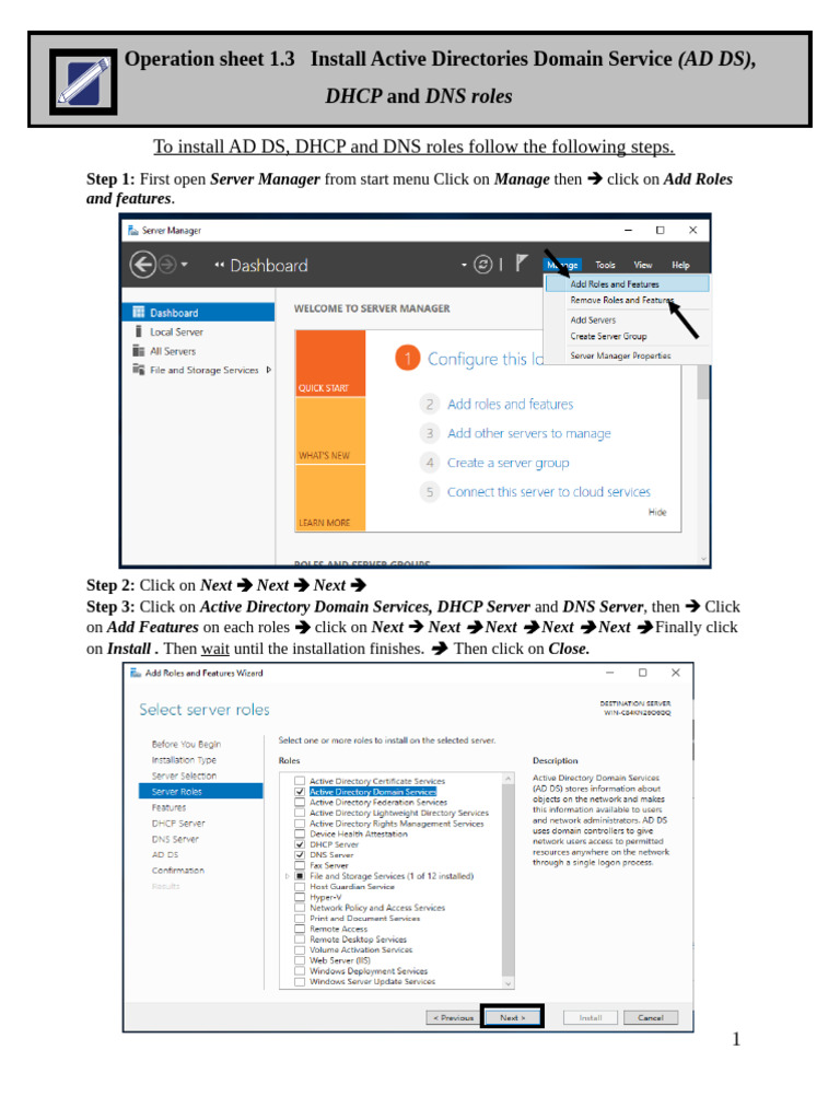 Operation Sheet 3 Install and Configure AD DS, DNS and DHCP | PDF