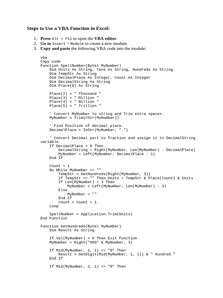 Steps To Use A Vba Function In Excel Fig To Words Formula Pdf Microsoft Excel Computer