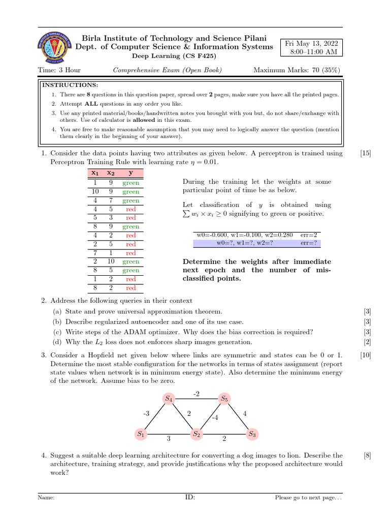 1152_CS_F425_Comprehensive_Exam_Question_Paper_DL | PDF | Deep Learning | Machine Learning