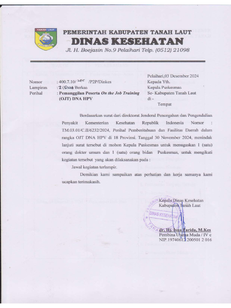 Surat Memanggilan Peserta Ojt Dna HPV | PDF