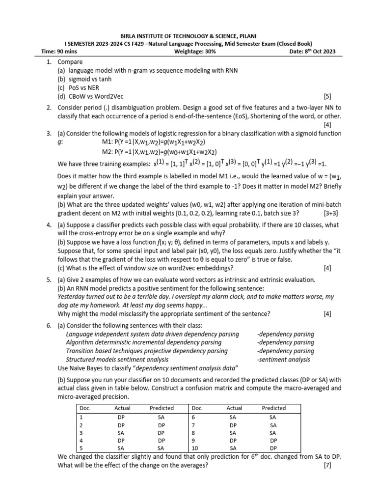 1157_CS_F429_20240211051929_Mid_Semester_Question_Paper_NLP | PDF | Parsing | Statistical ...