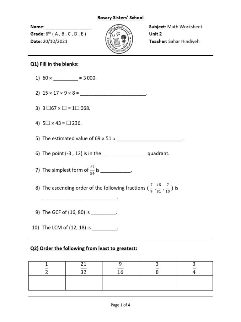 6th Grade Unit 2 Worksheet | PDF | Mathematics