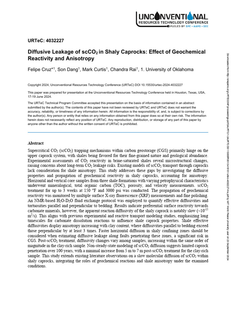 Diffusive Leakage of ScCO2 in Shaly Caprocks - Effect of Geochemical ...