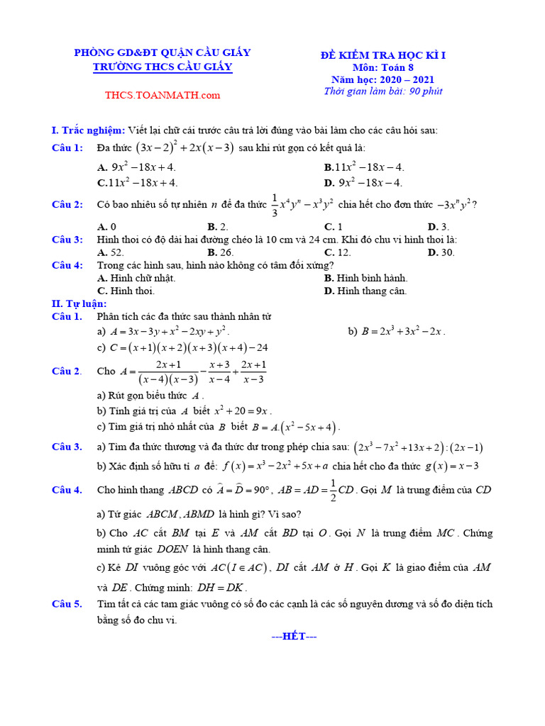 De Thi Hoc Ki 1 Toan 8 Nam 2020 2021 Truong Thcs Cau Giay Ha Noi | PDF