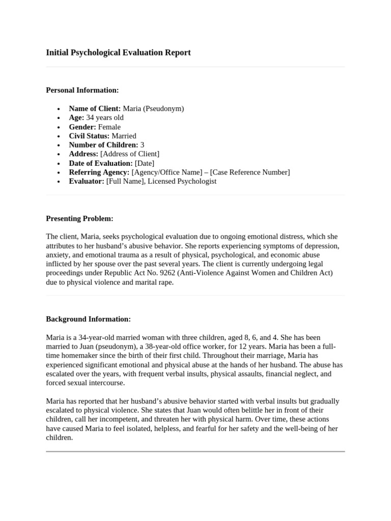 Template Initial Psychological Evaluation Report | PDF | Cognitive ...
