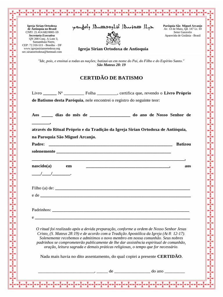 CERTIDÃO DE BATISMO | PDF | Batismo | Igreja cristã