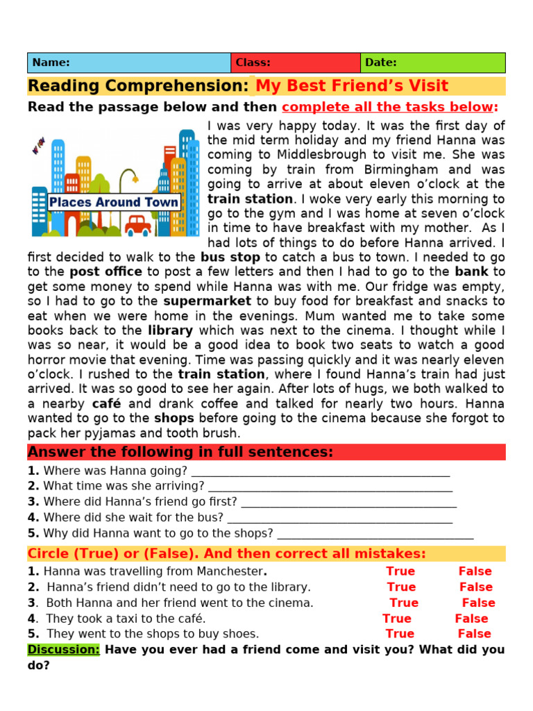 My Best Friend's Visit Comprehension | PDF