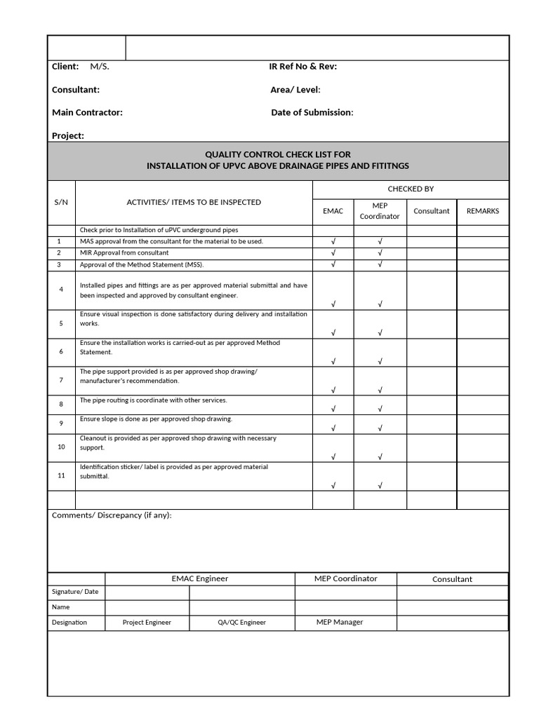 uPVC Drainage Pipe Installation QC Checklist | PDF | Mechanical ...