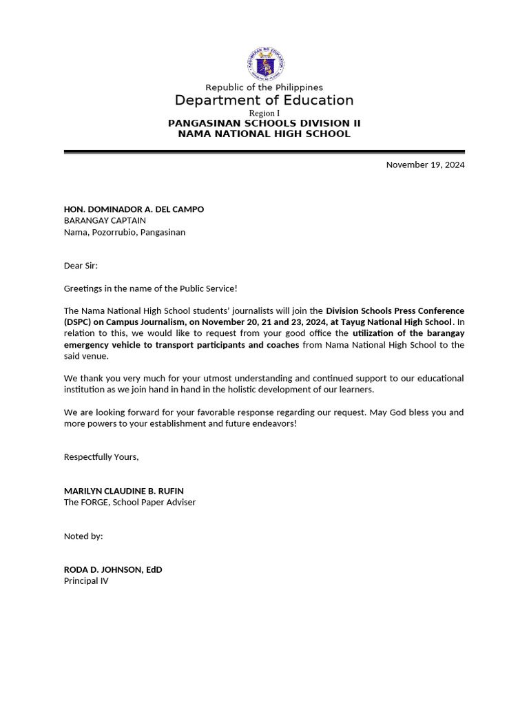 Request For Barangay Vehicle | PDF