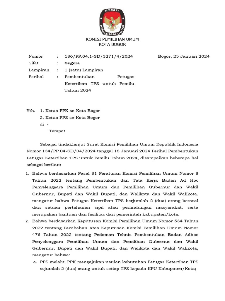 SD 186 THN 2024 - Usulan Pam TPS - Ketua PPK Ketua PPS TTD | PDF