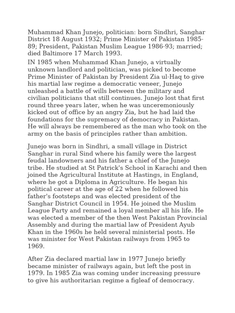 Muhammad Khan Junejo | PDF | Muhammad Zia Ul Haq | Politics Of Pakistan