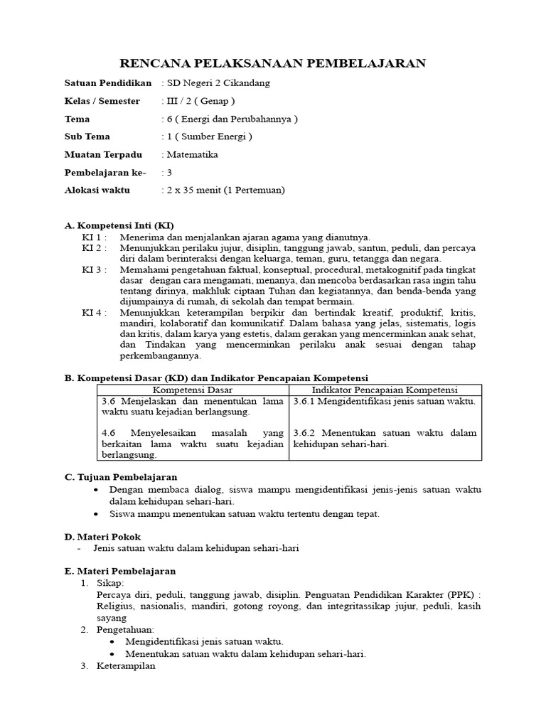 RPP Matematika Kelas 3 Tema 6 Sub Tema 1 Pembelajaran 3 | PDF